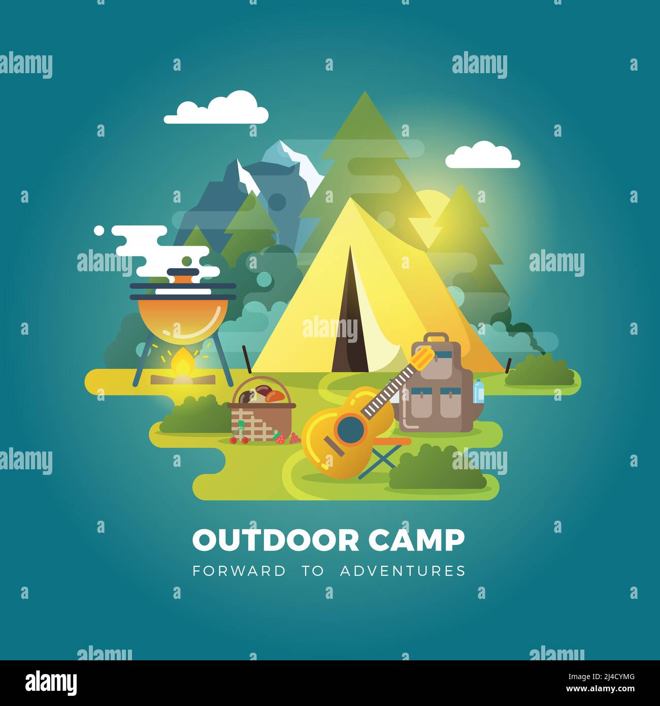 Vector camping background with tourist tent. Camping outdoor, travel ...