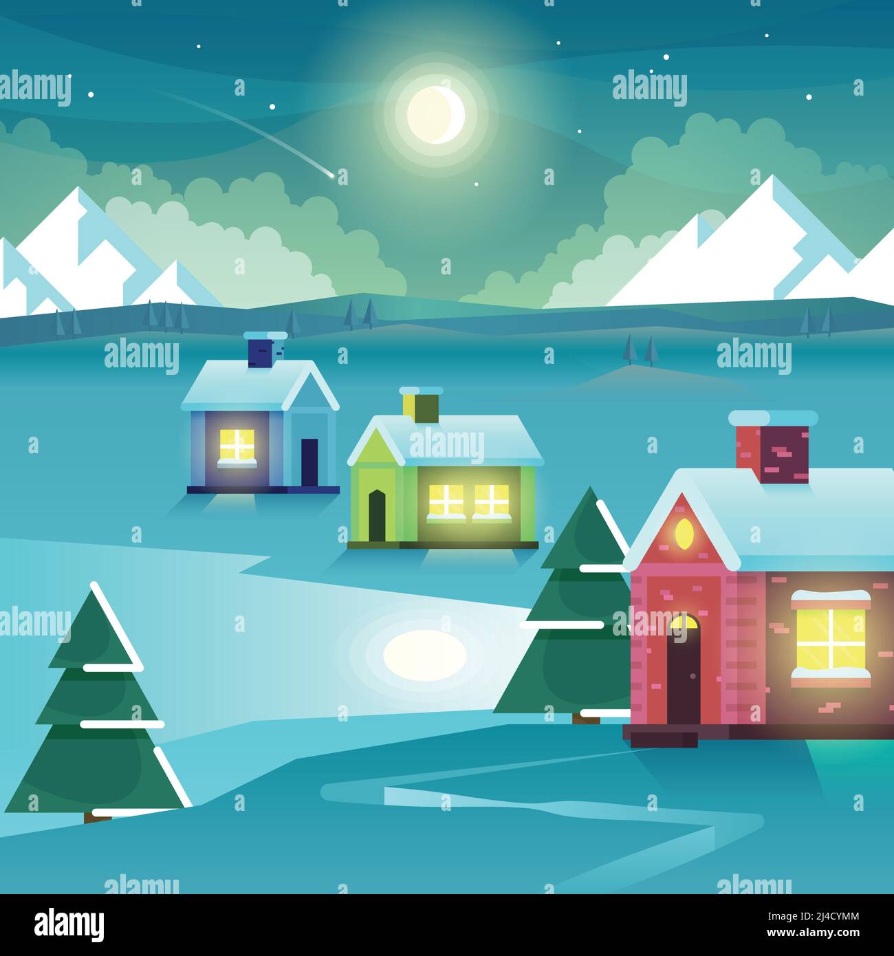 Winter night mountains and houses. Outdoor ice hill travel, moonlight ...