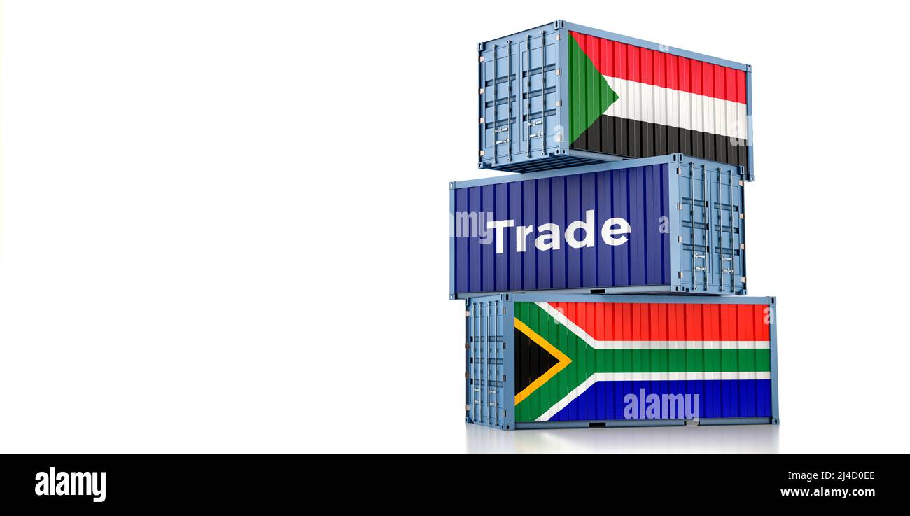 Cargo containers with South Africa and Sudan national flags. 3D ...