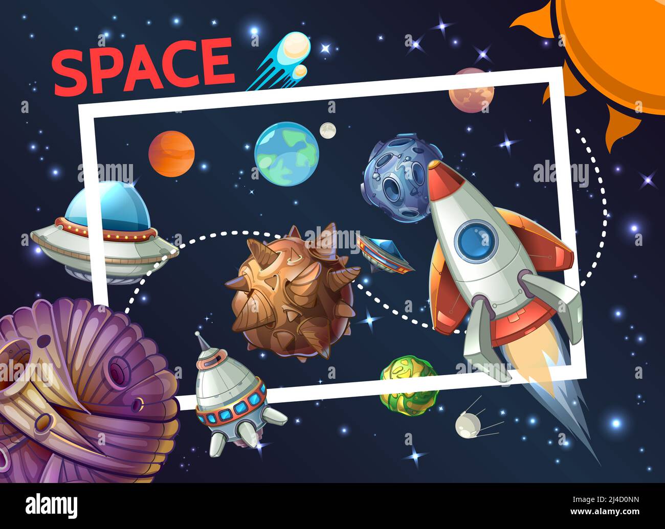 Cartoon cosmic template with rectangular frame rocket spaceship ufo ...