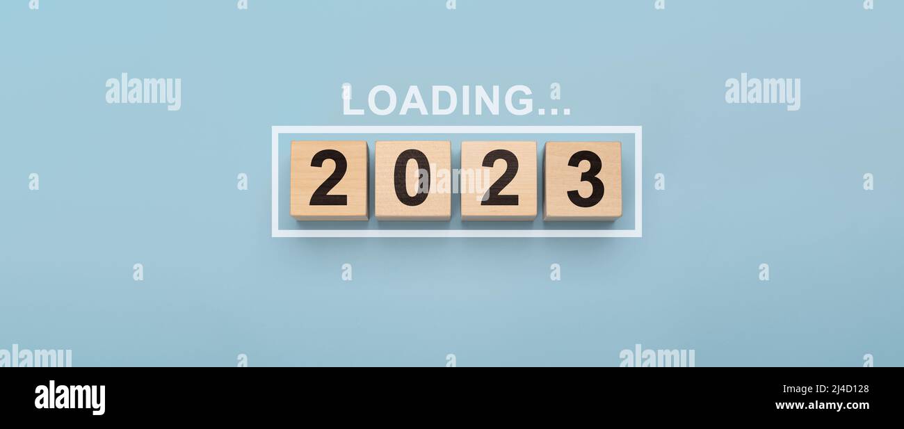 2023 New Year Loading. Loading bar with wooden blocks 2023 on blue ...