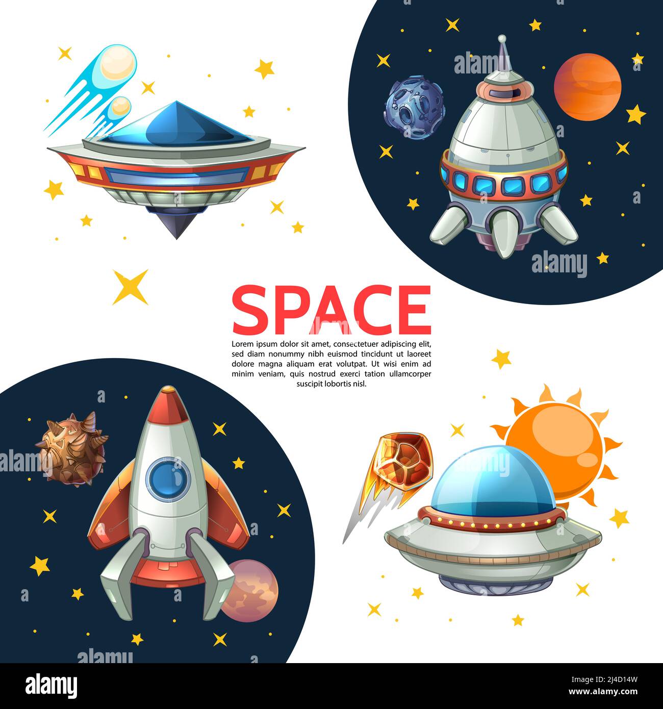 Cartoon colorful space poster with ufo shuttle rocket sun planets stars ...