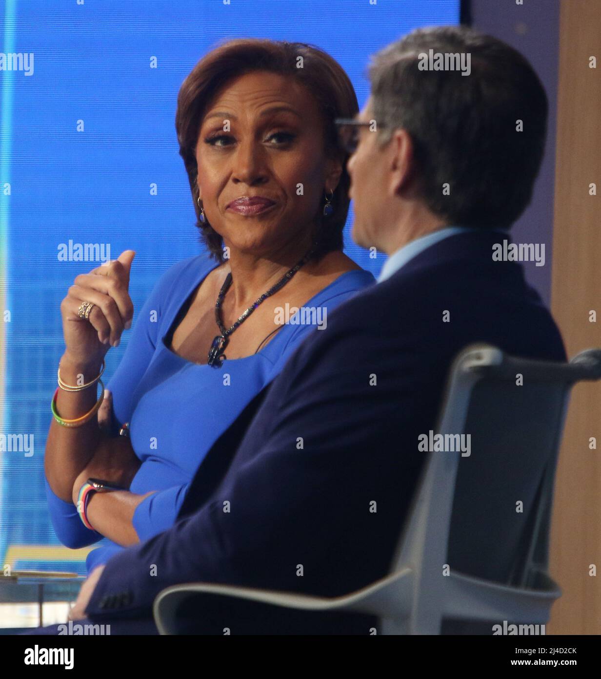 April 13, 22, 2022. Robin Roberts, George Stephanopoulos on the set of ...