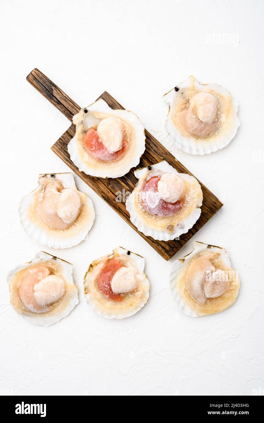 Frozen sea Scallops set, on white stone table background, with copy ...