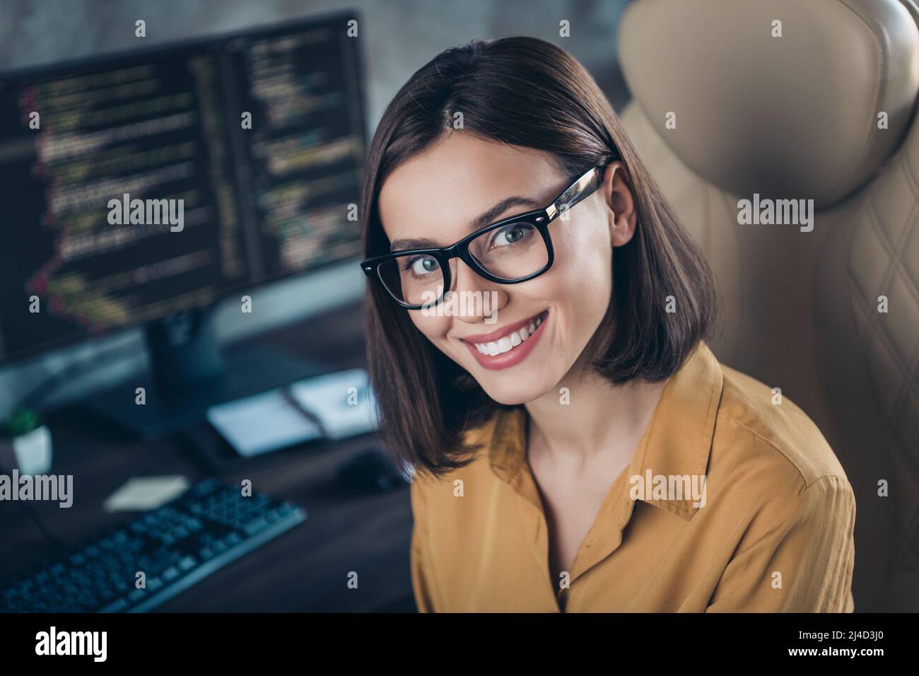 Portrait of attractive smart clever experienced cheerful girl cyber ...