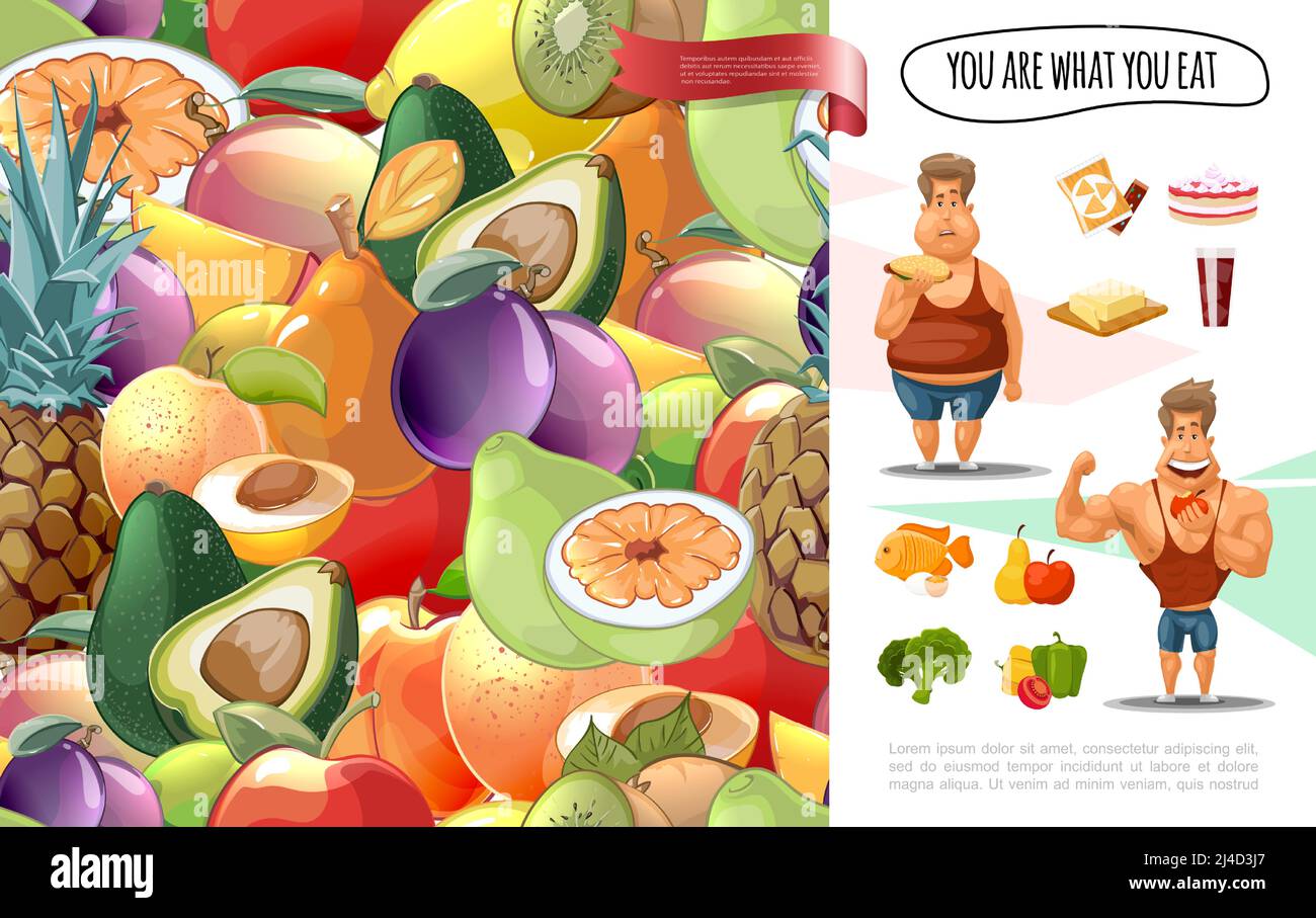 Cartoon diet concept with fruits and vegetables seamless pattern fat ...