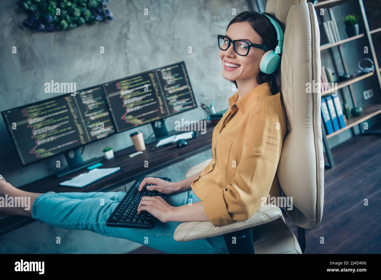 Profile side view portrait of attractive cheery skilled girl geek nerd ...