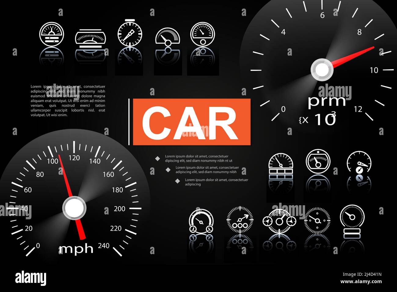 Car dashboard elements concept with speedometer tachometer and ...