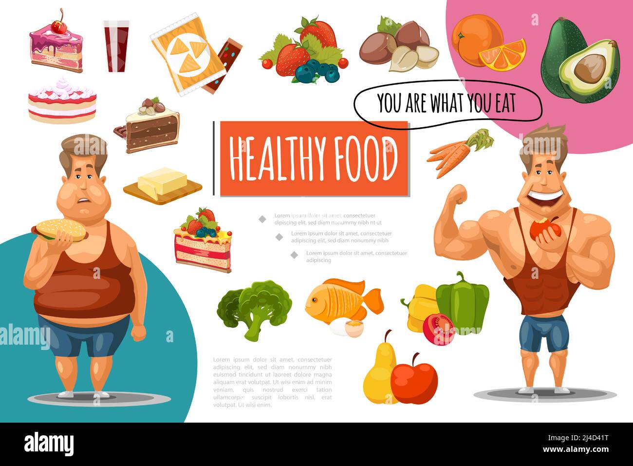 Cartoon healthy food concept with sweet products fruits berries nuts ...