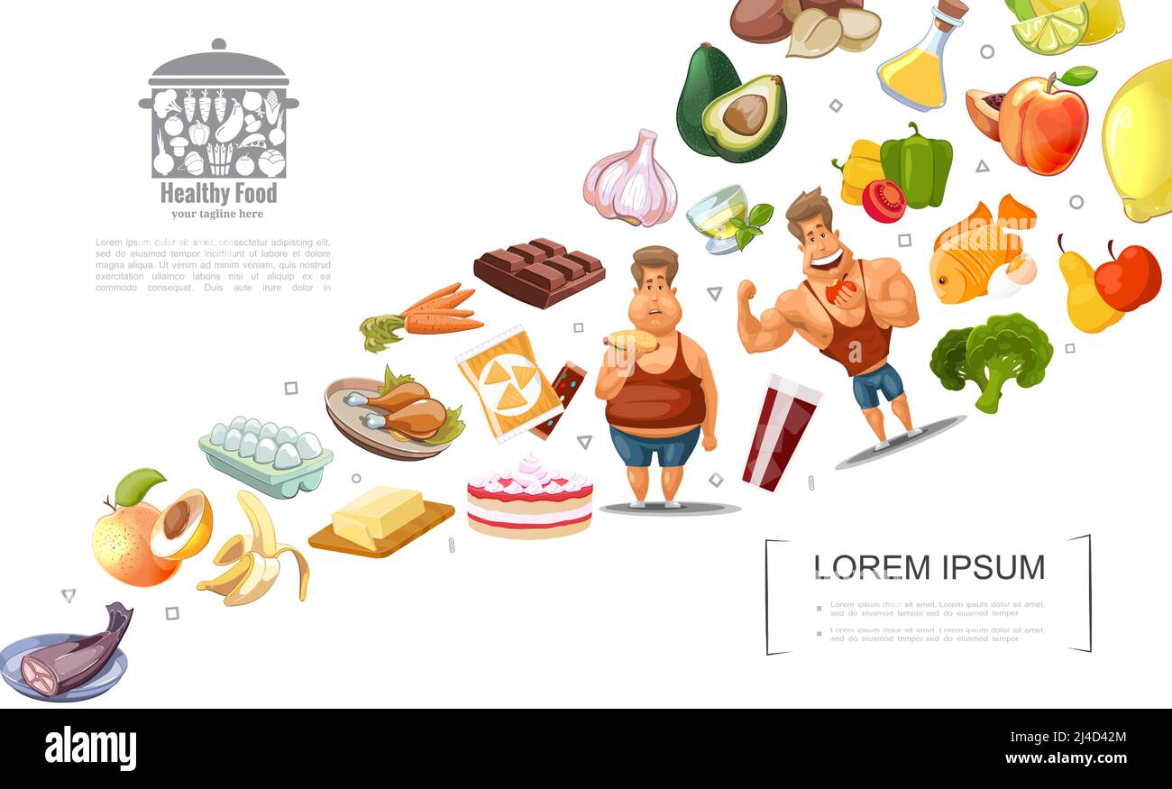 Cartoon healthy lifestyle concept with fat and athletic men fruits ...