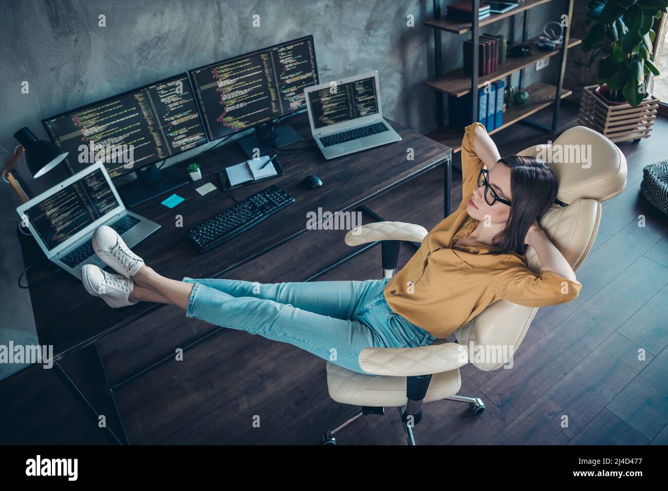 Full length body size view of attractive calm girl web developer ...