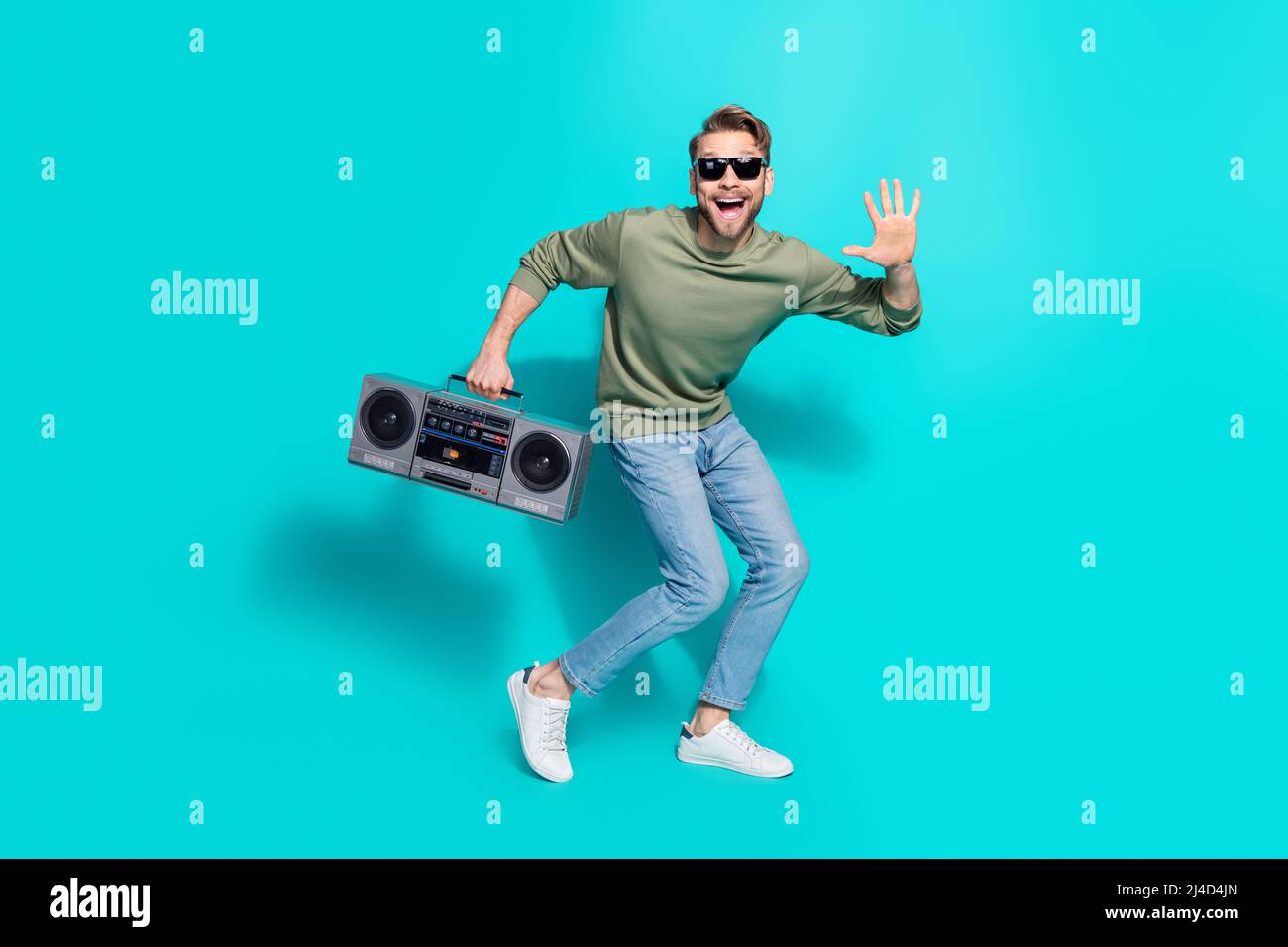 Full length photo of crazy positive cheerful clubber man dance hold ...