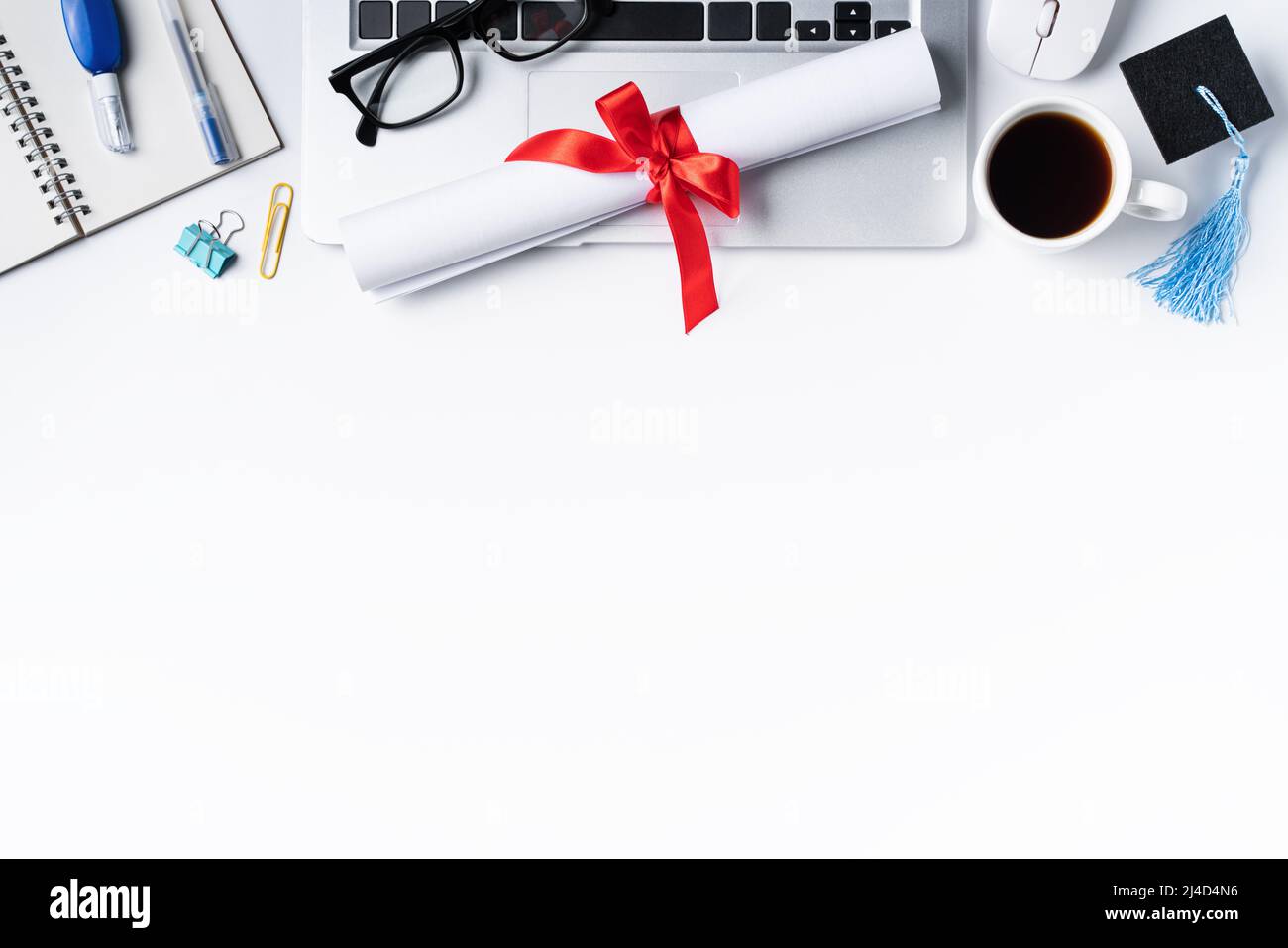 Top view of online learning and remote graduation ceremony commencement ...