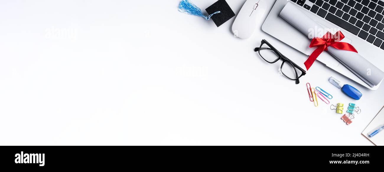 Top view of online learning and remote graduation ceremony commencement ...