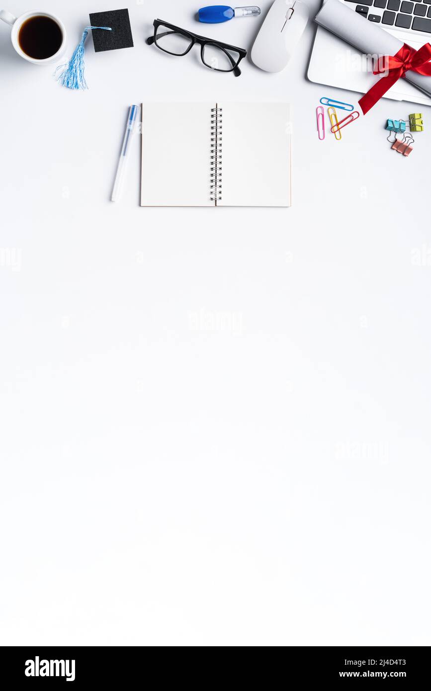 Top view of online learning and remote graduation ceremony commencement ...