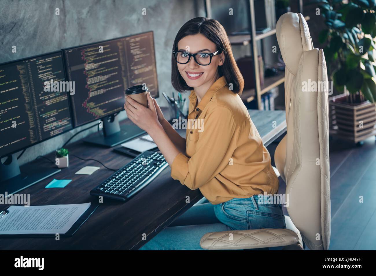 Profile side view portrait of beautiful cheerful smart clever girl geek ...