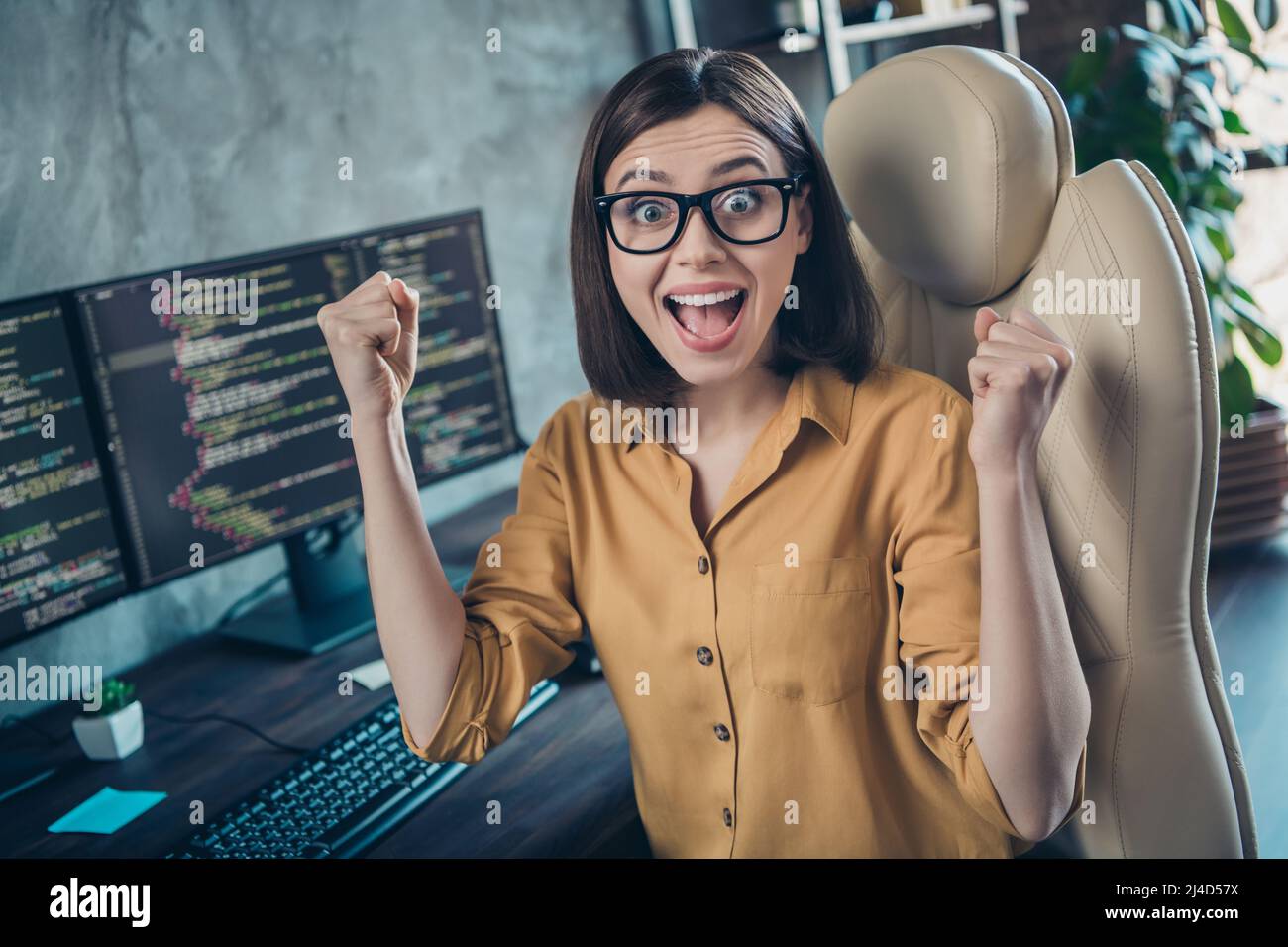 Portrait of attractive cheerful crazy lucky girl rejoicing having fun ...