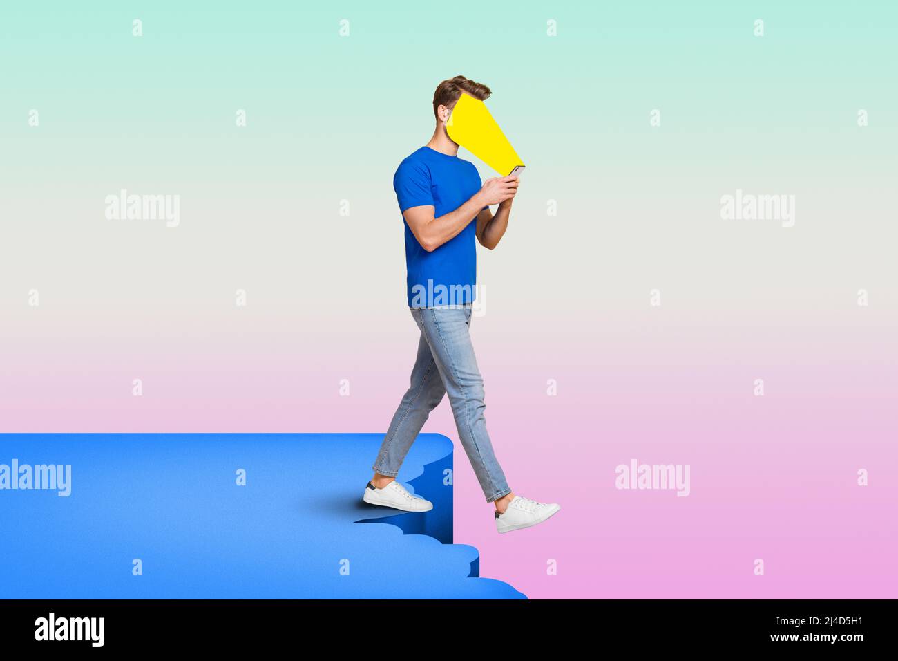 Surreal composition of millennial guy focus use smart device change ...