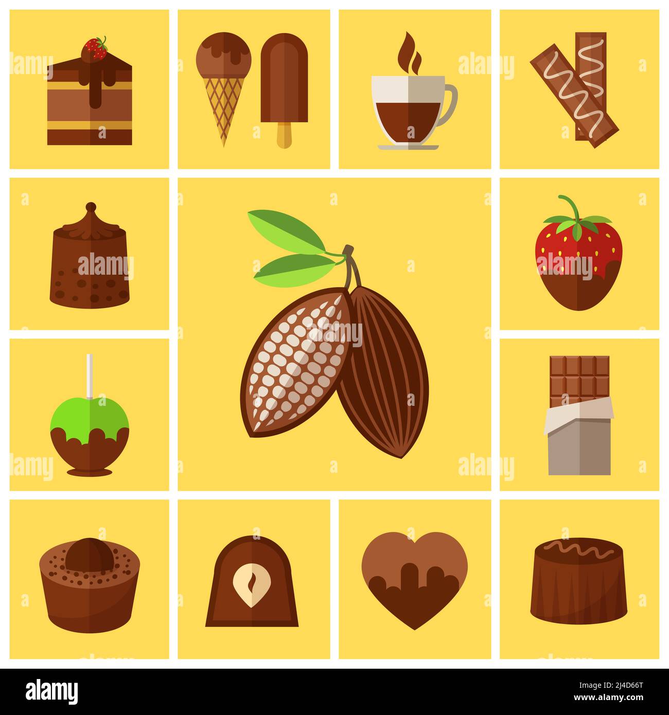 Chocolate sweets, cakes and cocoa bean flat icons. Coffee and food ...