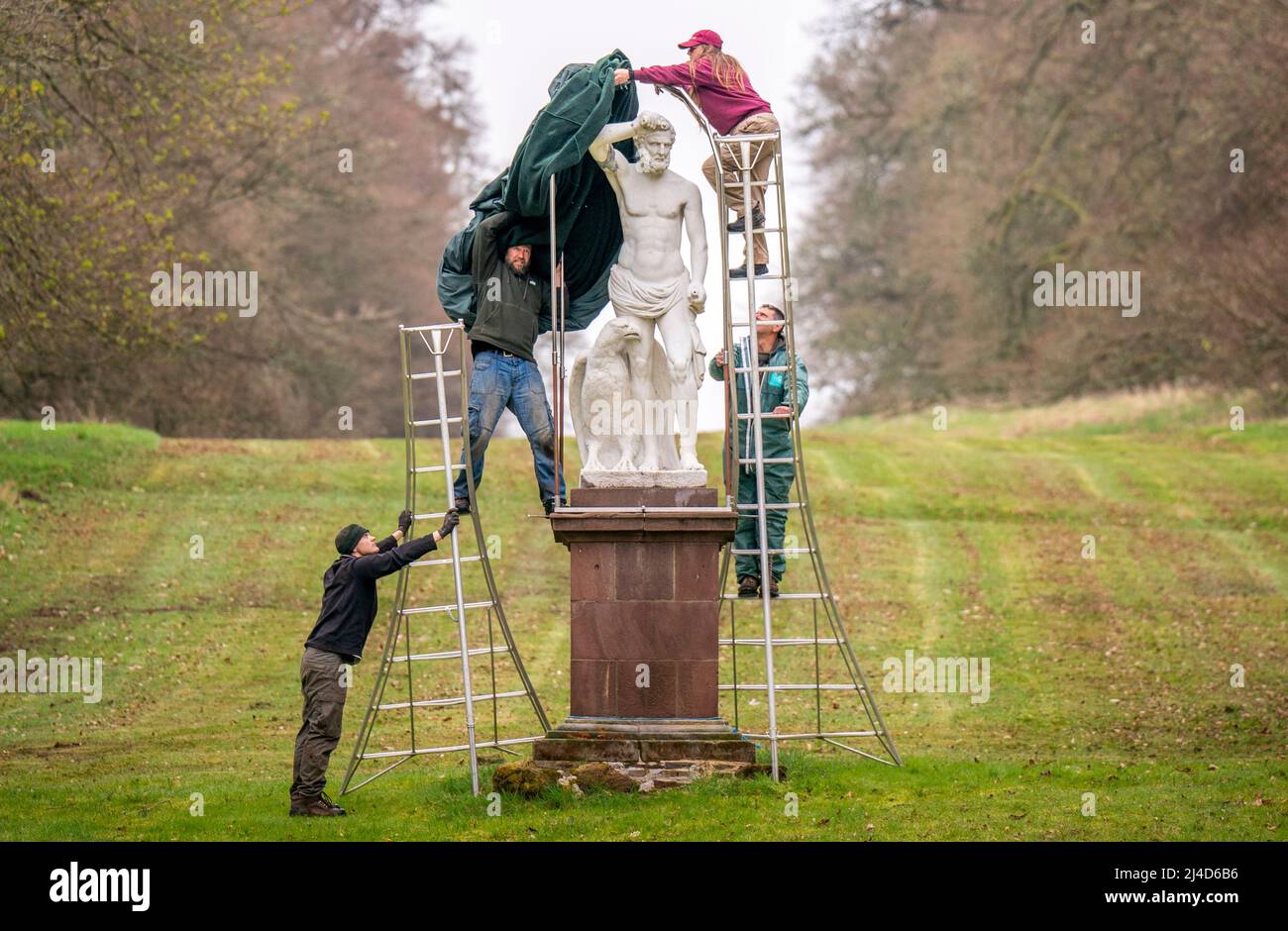 Head gardener Edith Barnes and her team unwrap the collection of marble ...