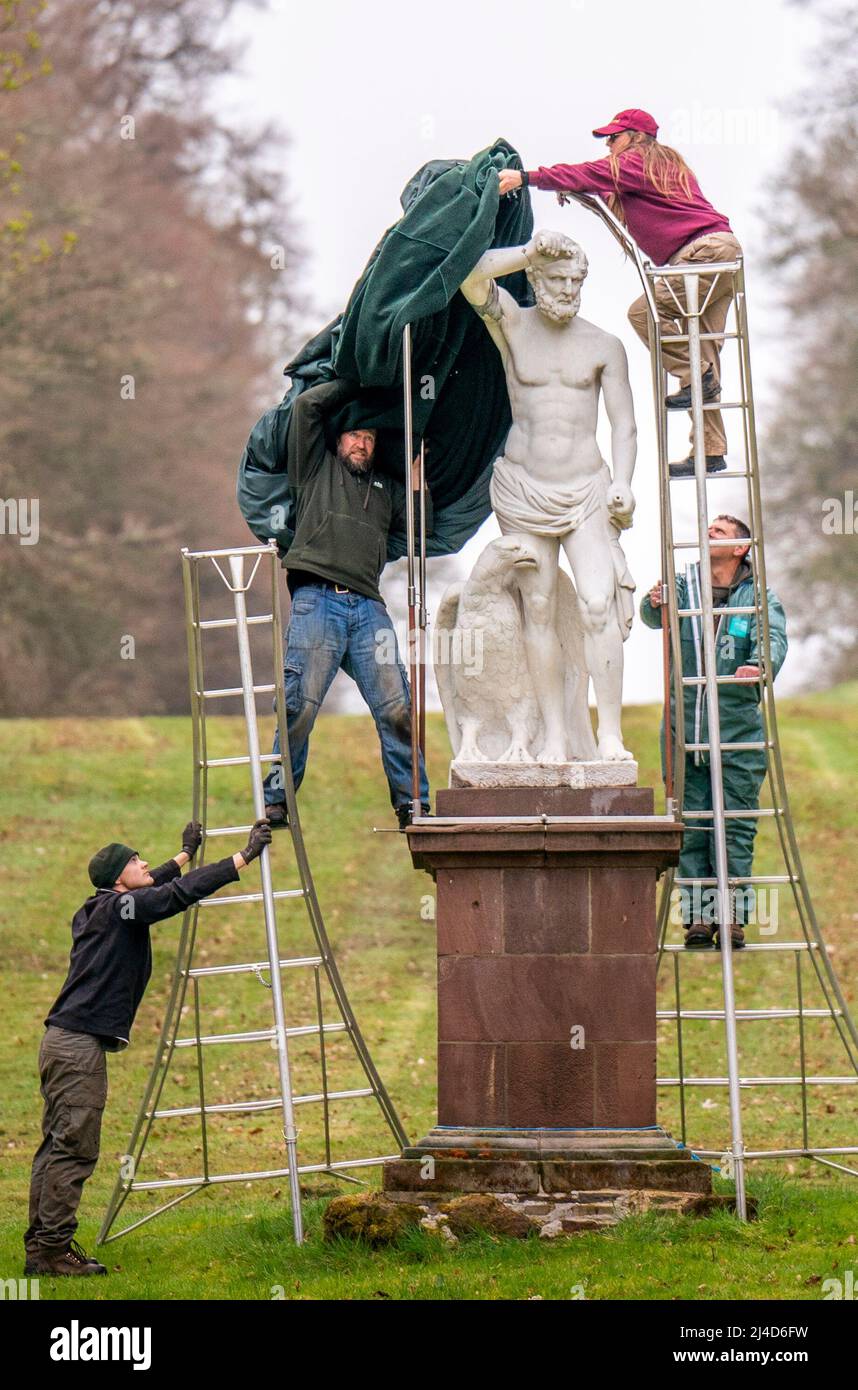 Head gardener Edith Barnes and her team unwrap the collection of marble ...