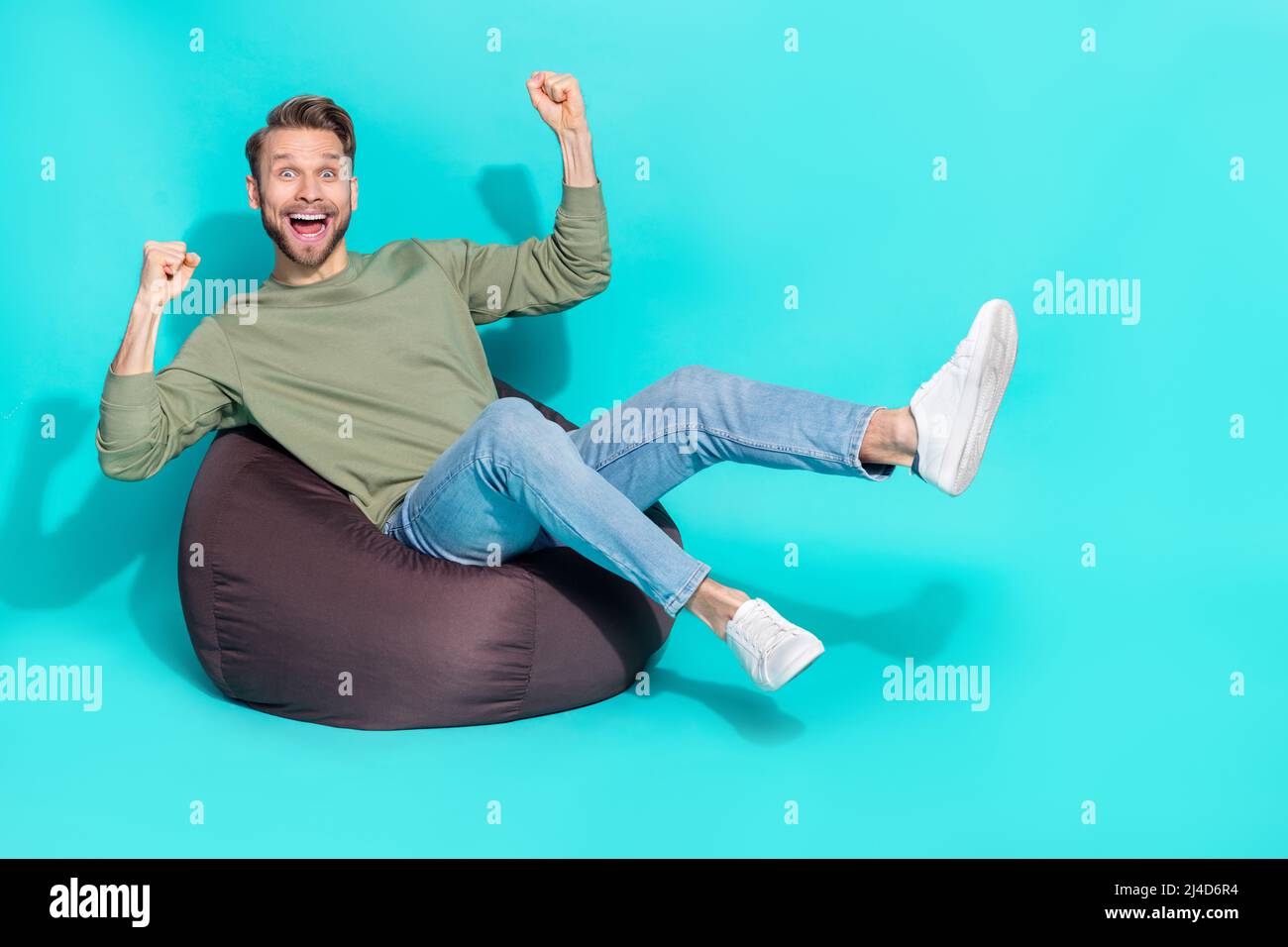 Photo of positive astonished influencer man rejoice attainment wear ...