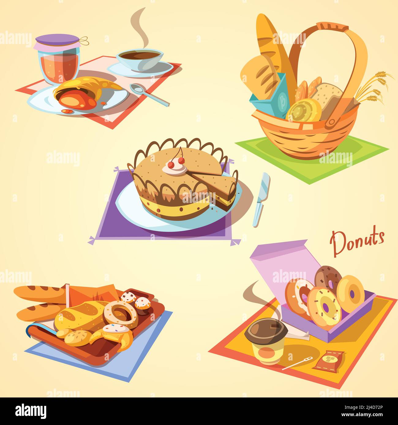 Bakery cartoon set with retro style sweet food isolated vector ...