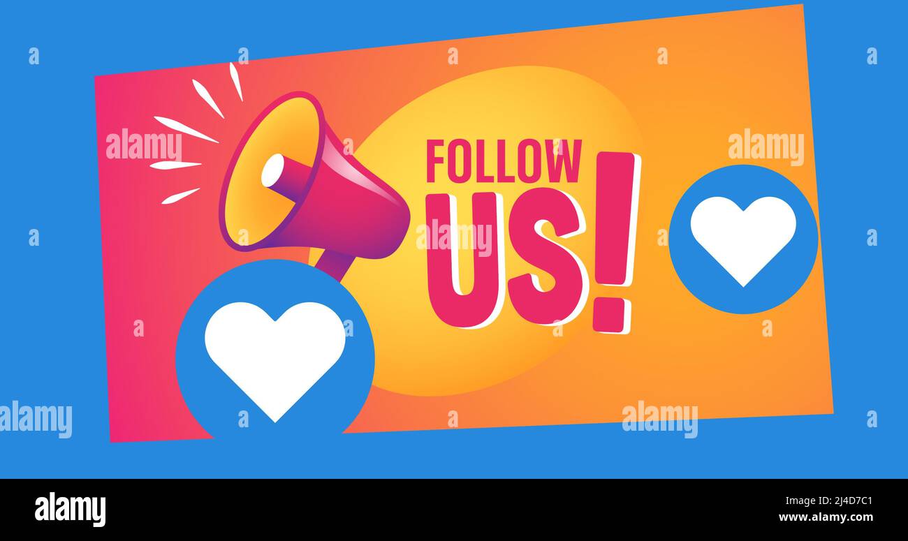Illustration of follow us text with megaphone and heart shape icons ...