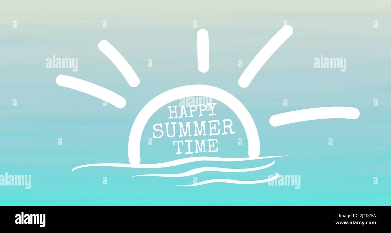Illustration of sun with happy summer time text in blue sky with copy ...