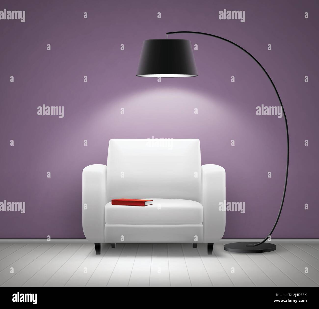 Vector House interior with white armchair, black floor lamp, red book ...