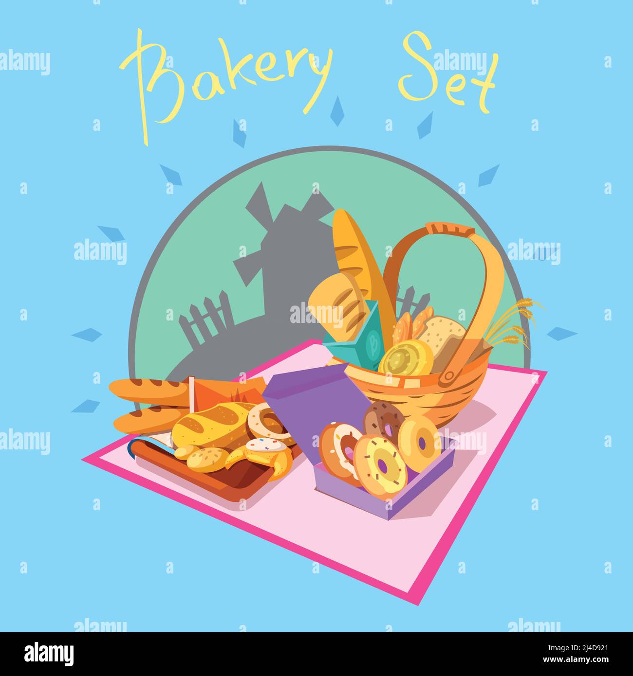 Bakery concept with pastry and bread and windmill on background cartoon ...