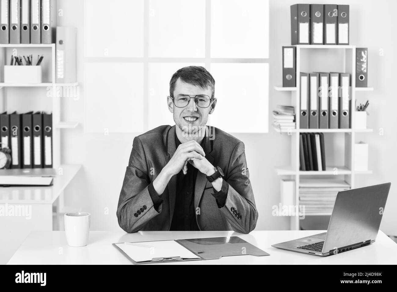 Office worker guy sit table laptop computer, job interview concept ...