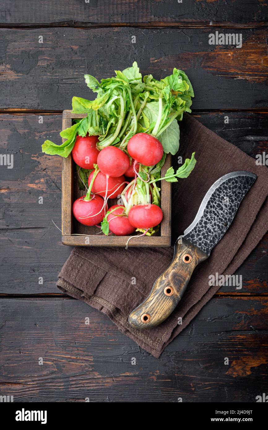 Small garden radish, on old dark wooden table background, top view flat ...