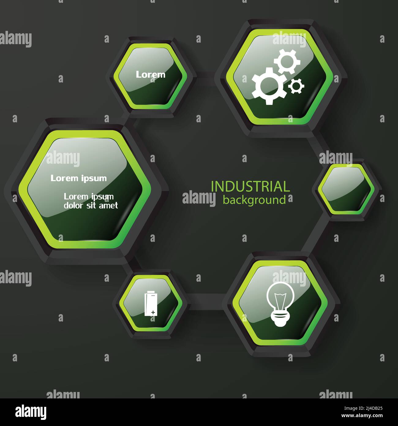 Abstract web infographic concept with dark glossy hexagons with green ...