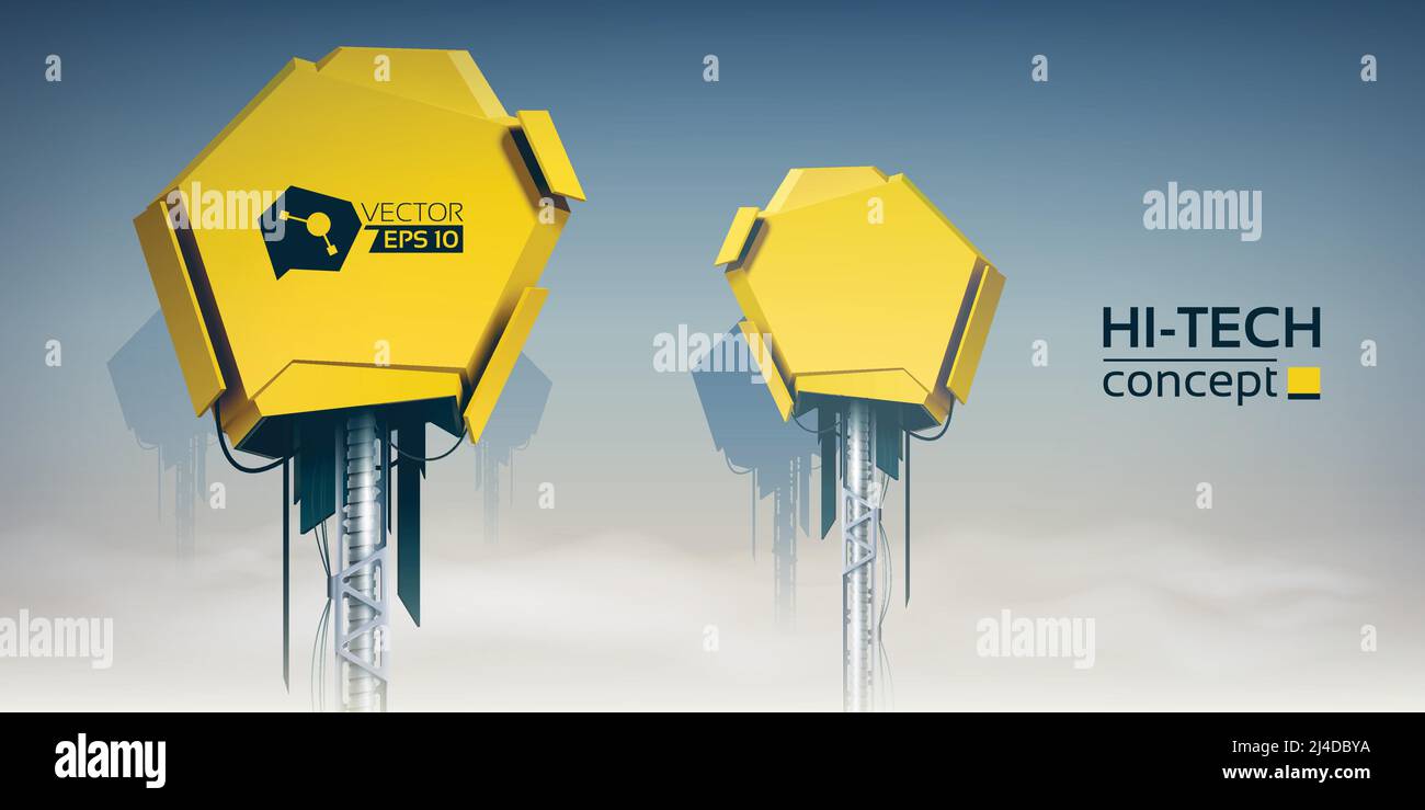 Colorful cloud sky template with two yellow technical devices for ...