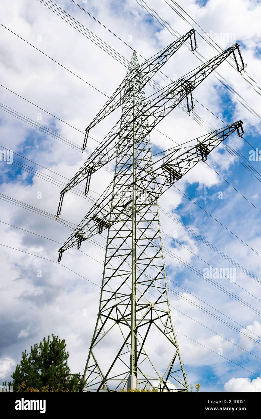 Transmission tower overhead power line lattice metal structure bottom ...