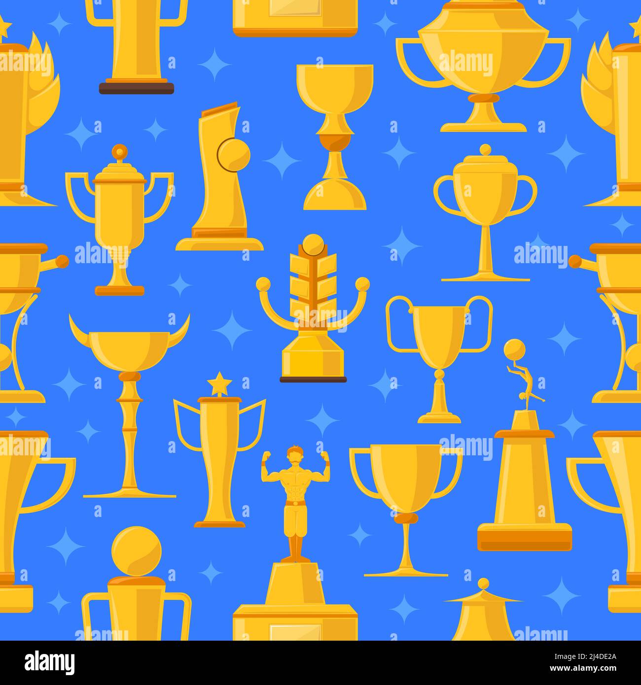 Awards and cups for winning a competition on blue background seamless ...