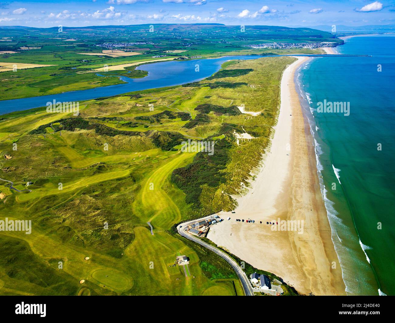 Aerial of Portstewart Strand, County Derry, Londonderry, north coast ...