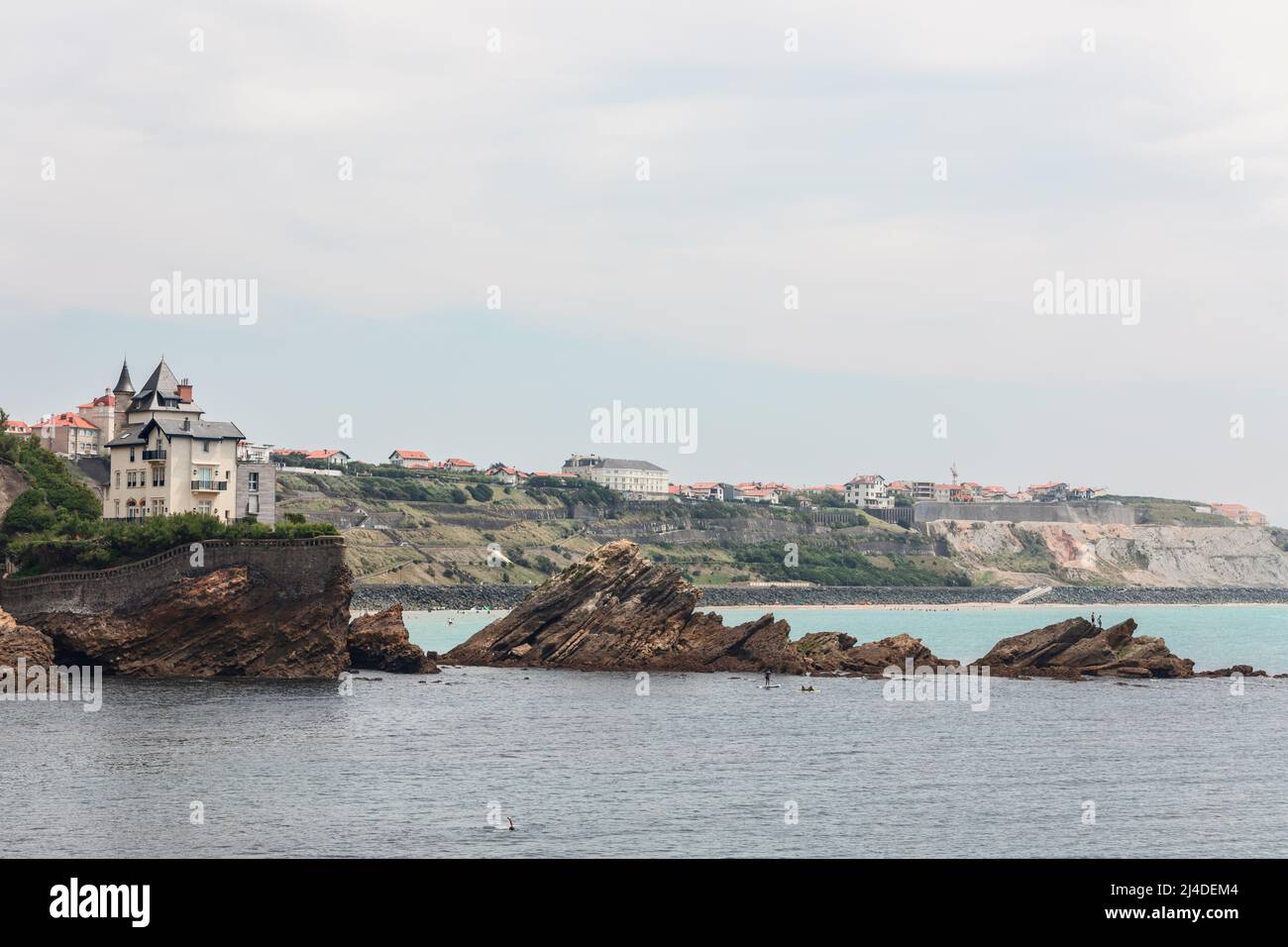 View from rocks Rocher de la Vierge to beach Plages du Port Vieux and ...