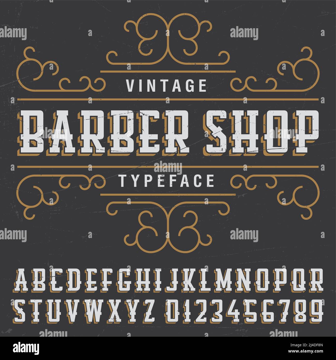 Vintage barber shop typeface poster with sample label design on black ...
