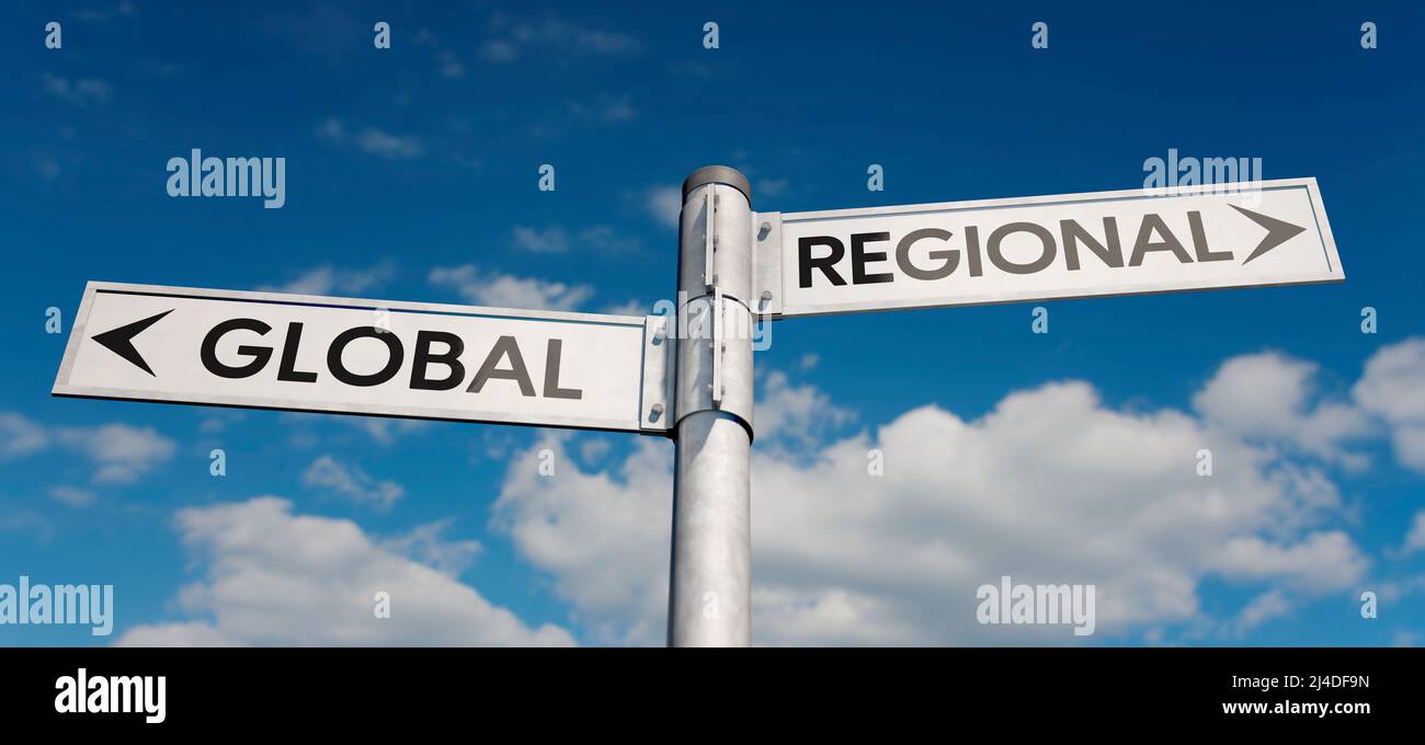 Guide posts with the decision between global or regional Stock Photo ...