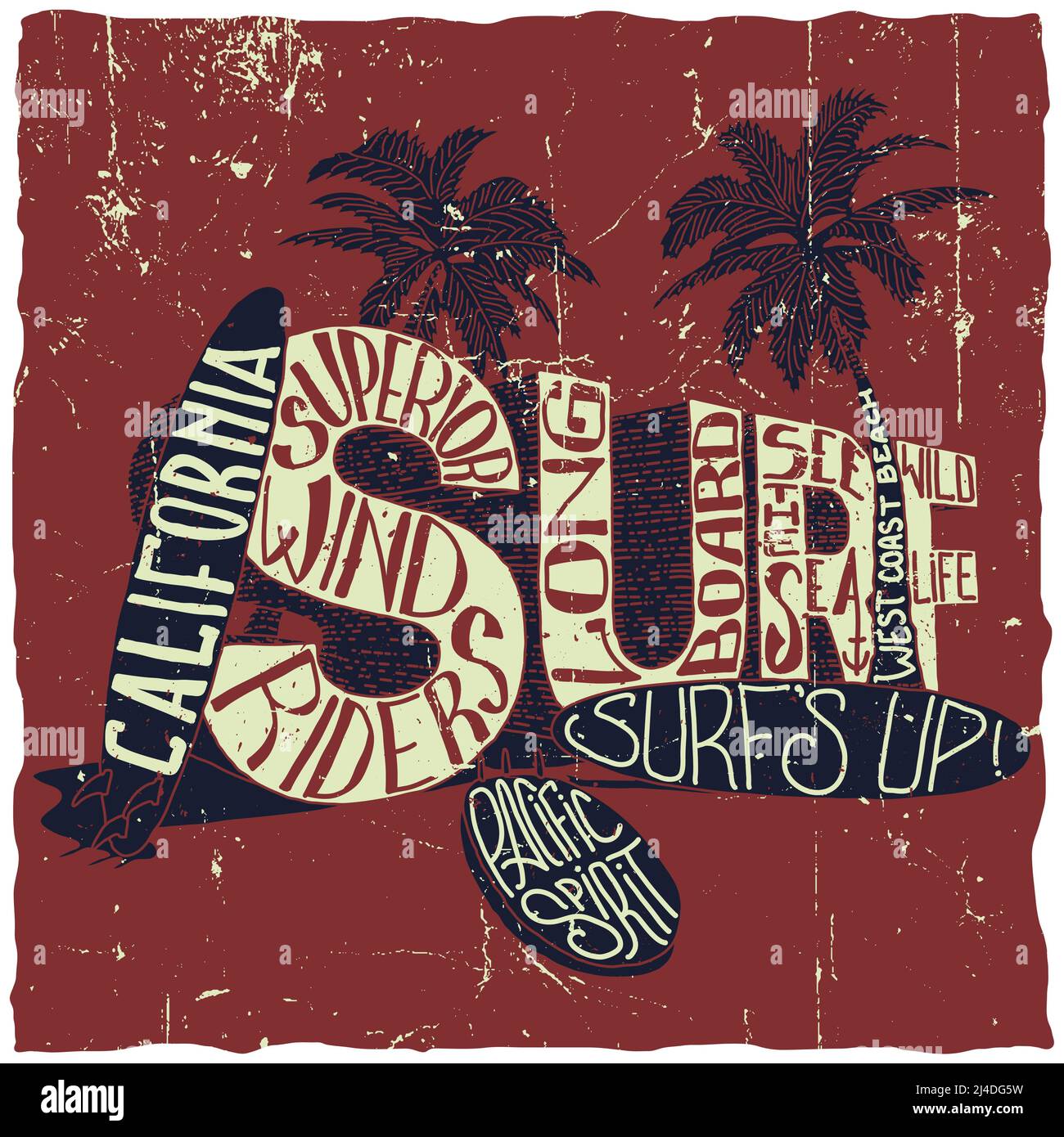 California surfing poster with two palms and three surfing boards ...