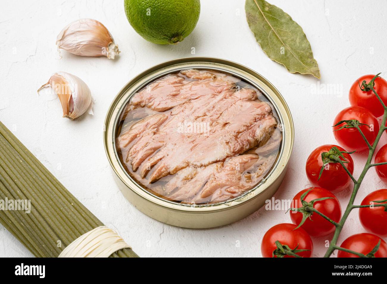 Canned tuna fish set, on white stone table background Stock Photo - Alamy