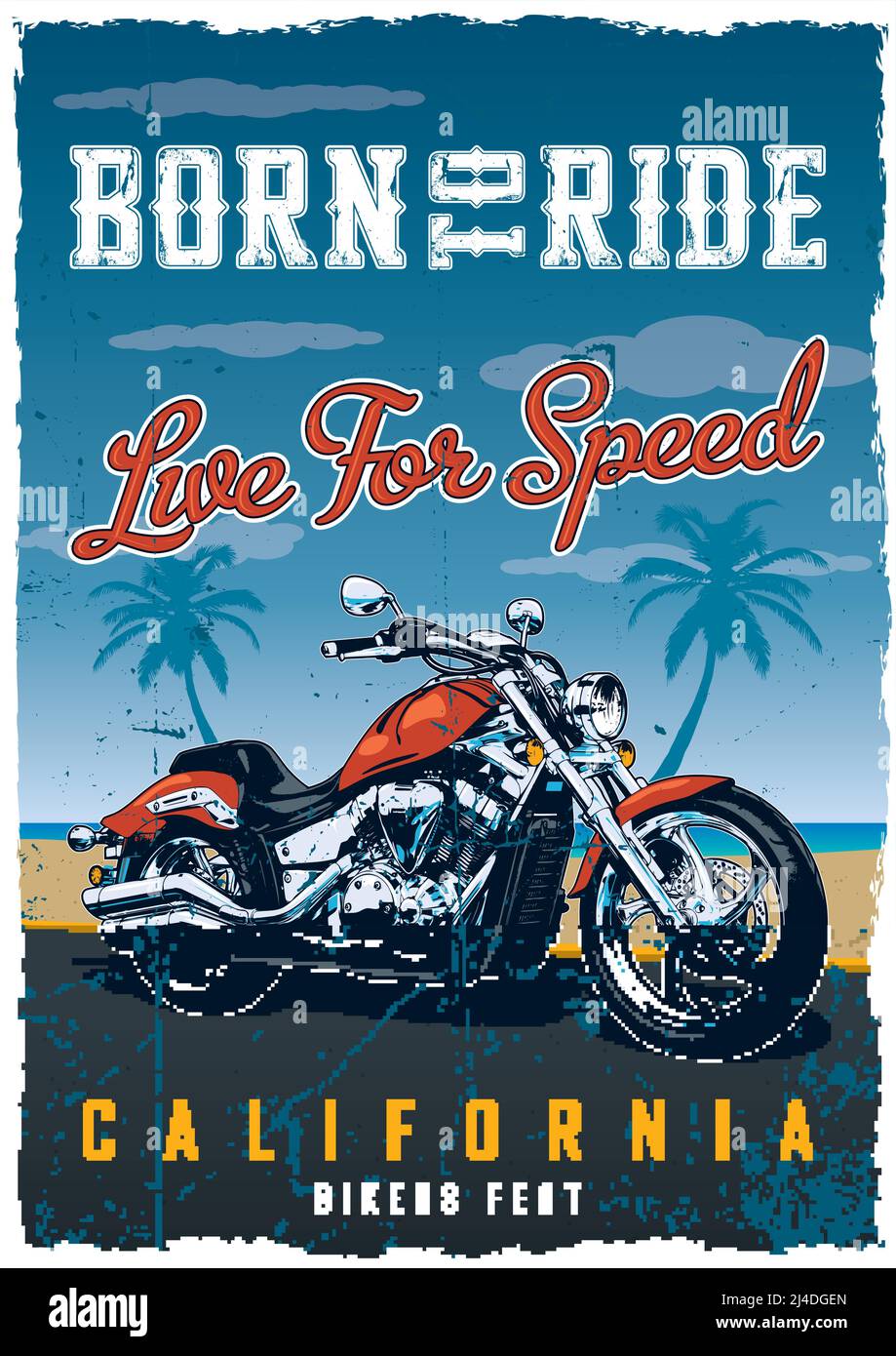 Bikers fest poster with motorcycle on the road with beach background ...