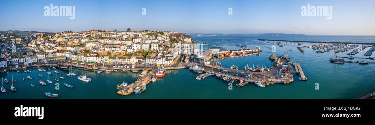 Sunrise over Brixham Marina and Harbour from a drone, Brixam, Devon ...