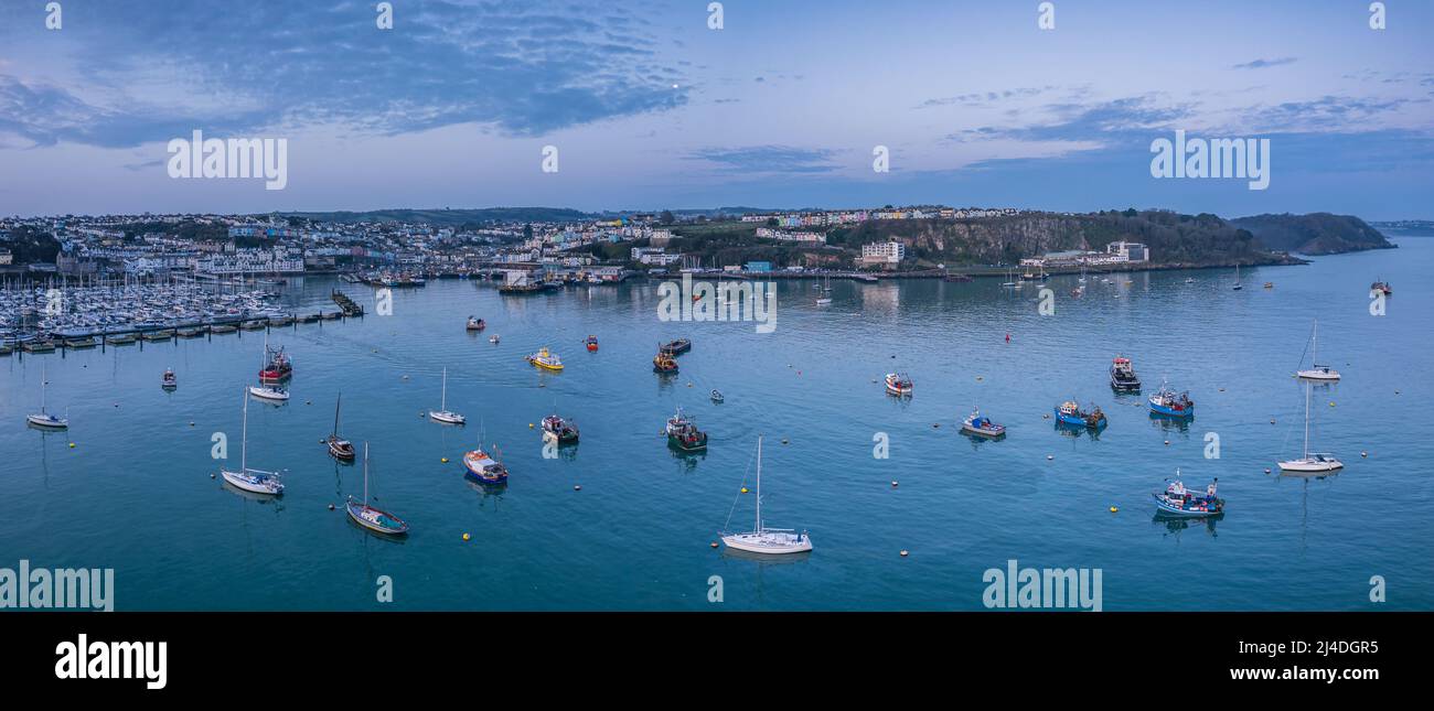 Sunrise over Brixham Marina and Harbour from a drone, Brixam, Devon ...