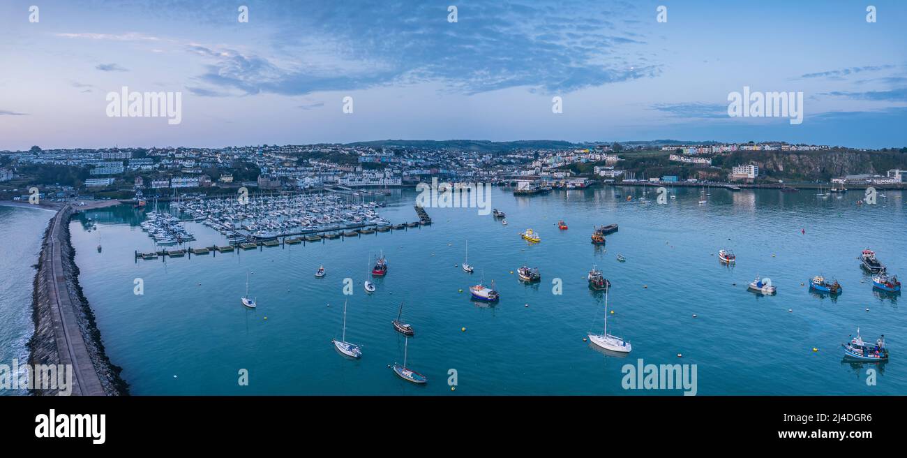 Sunrise over Brixham Marina and Harbour from a drone, Brixam, Devon ...