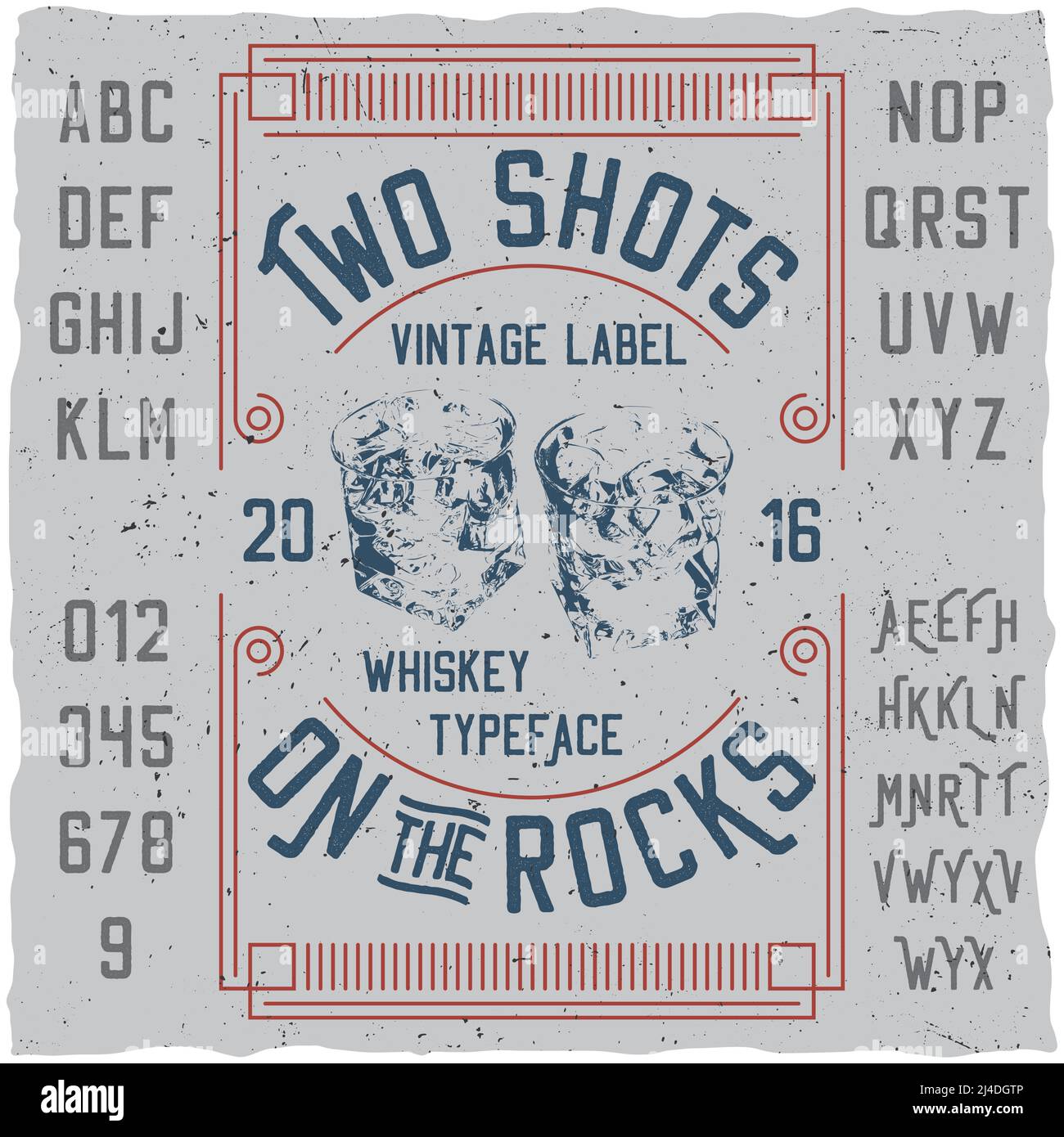 Vintage label whiskey poster with information about two shots on the ...