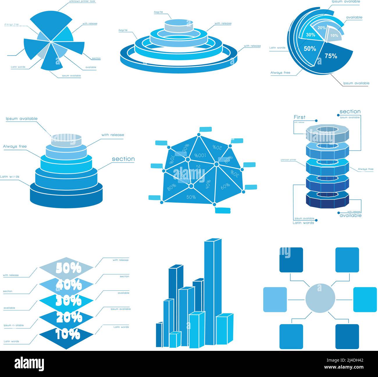 Blue chart icons set with several different types of charts 2d 3d and ...
