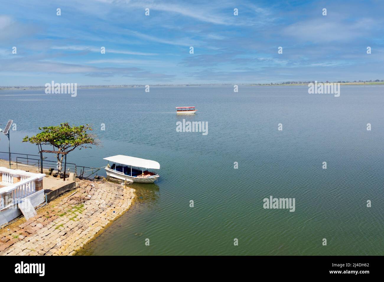 top long view of boats isolated in Malaprabha and Krishna river in ...